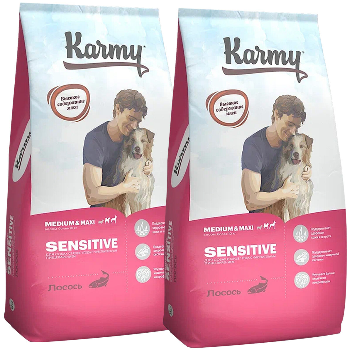 Корм сухой Karmy Sensitive Medium & Maxi для взрослых собак средних и крупных пород с чувствительным пищеварением, лосось, 14 кг х 2 шт