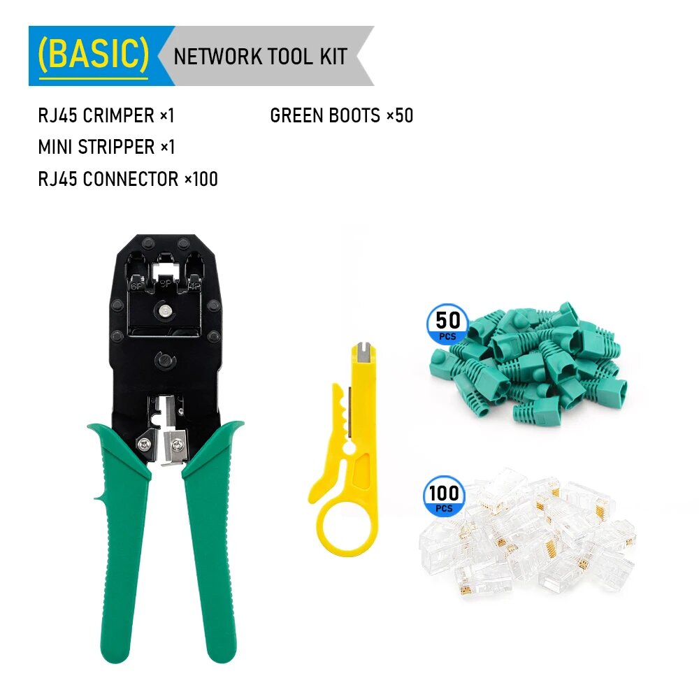 Набор сетевых инструментов BASIC, RJ45, 100 коннекторов, 50 гильз
