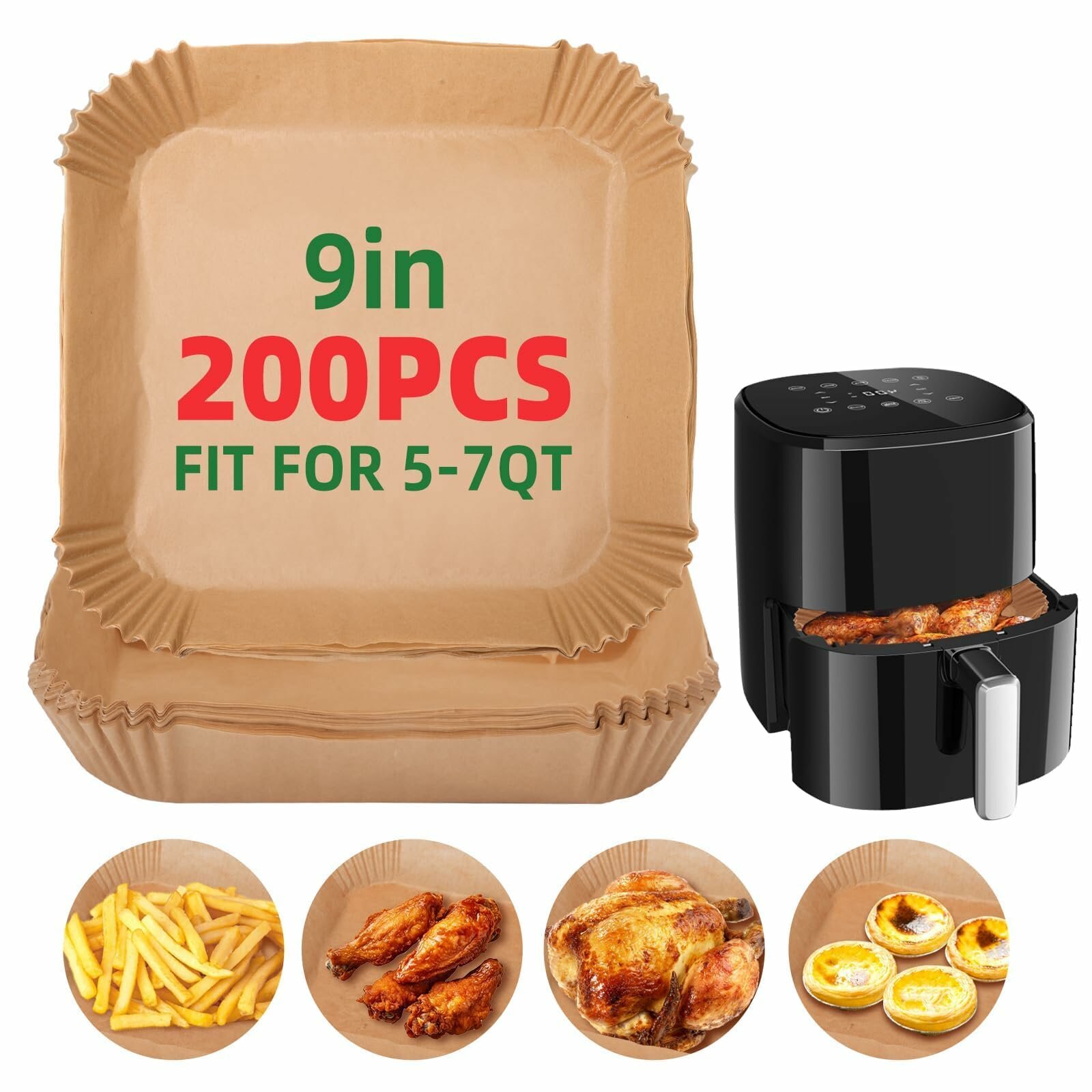 Одноразовые подкладки для фритюрницы, 200 штук, 9-дюймовые квадратные бумаги для фритюрницы, микроволновые листы для выпечки пищевого качества для фритюрницы объемом 5-7 литров