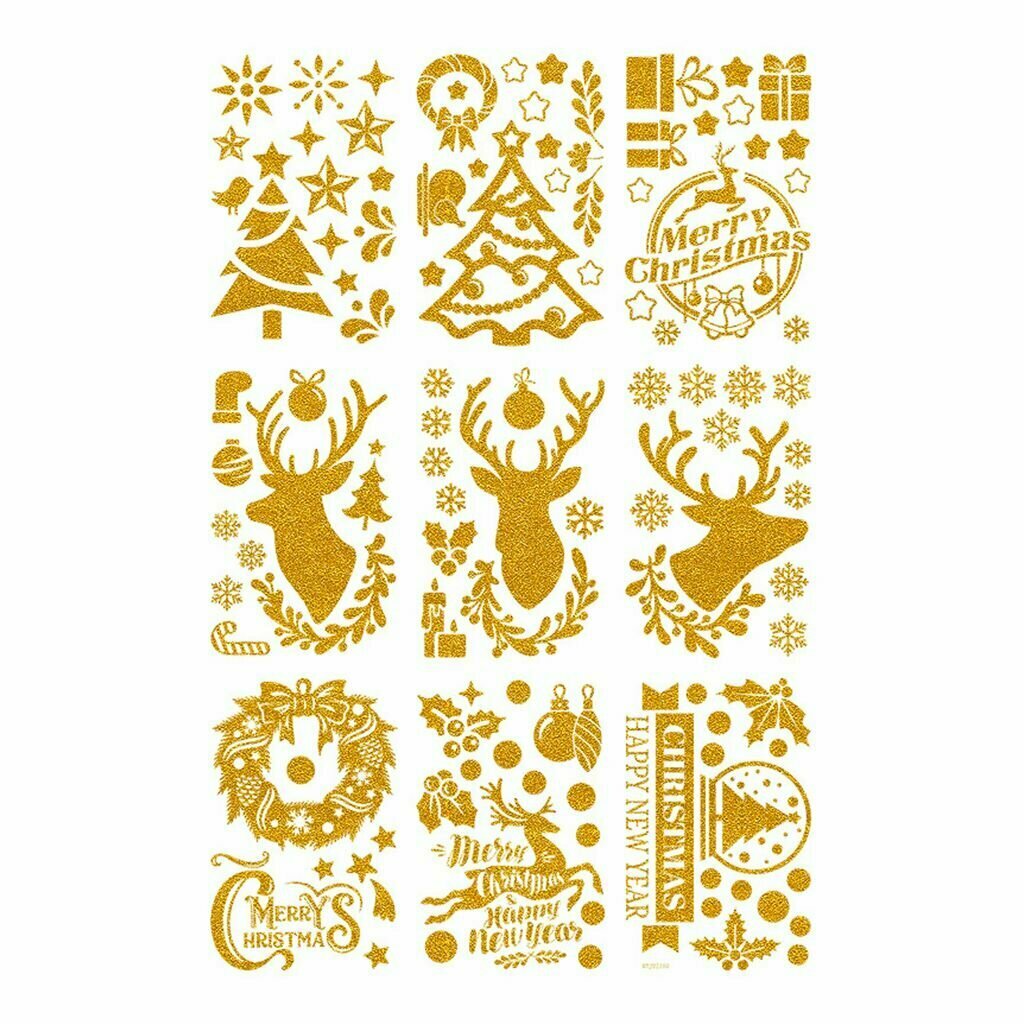 1 комплект из 9 листов, посыпанных золотой пудрой, рождественских статичных наклеек, наклеек для украшения оконных стекол, дверей и подоконников - 010 моделей
