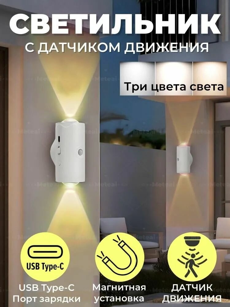 Светильник-ночник с датчиком движения, Умный LED Ночник, Трехцветный свет, беспроводной/магнитноре крепление, перезаряжаемы