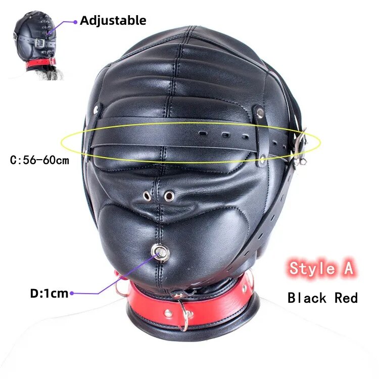 Эротические Фетиш-костюмы из кожи БДСМ бондаж капюшон маска с отверстием для рта Black Red Style A