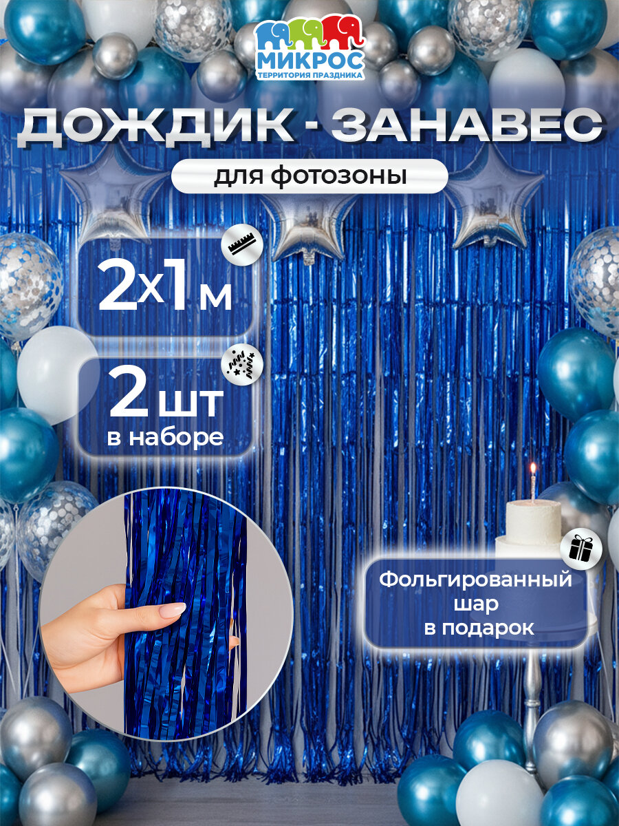 Дождик новогодний на елку, дождик для фотозоны из фольги, синий 1 х 2 м, 2 шт