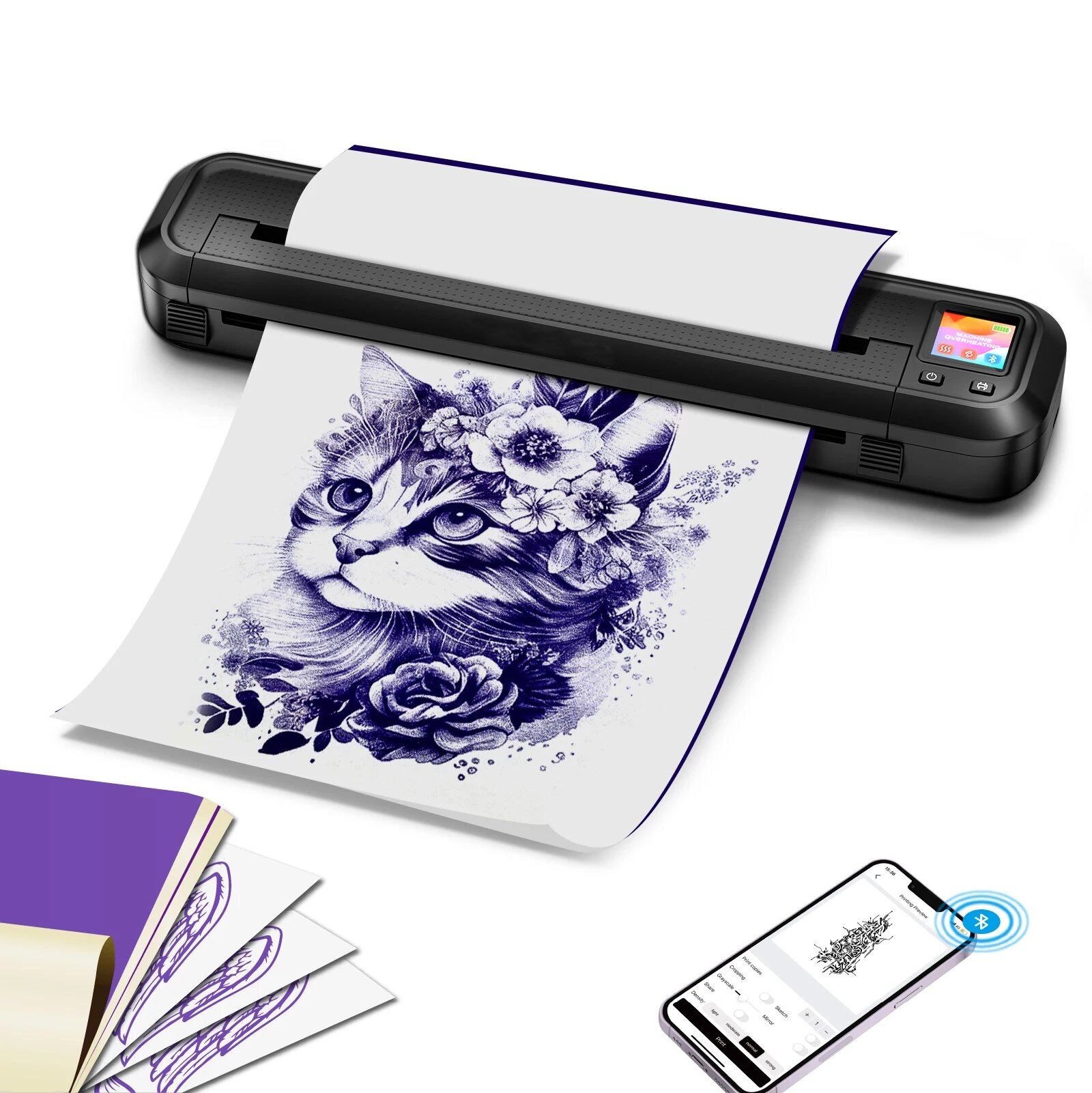 MHT-500 Модернизированный принтер трафаретов для татуировок с ЖК-экраном Беспроводной термопринтер для передачи татуировок Совместимый смартфон и ПК