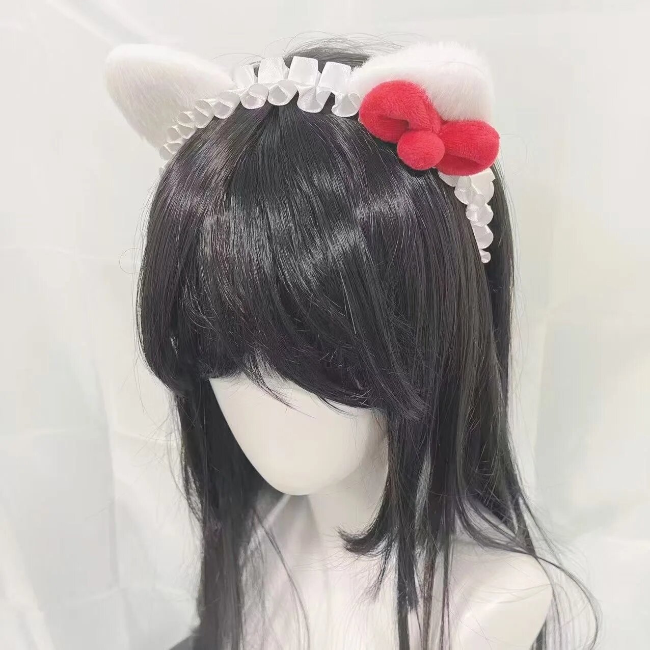 Кошачьи ушки, белый обруч для волос ручной работы с красным бантом Kc Лолита, аксессуары для волос Лолиты ручной работы, головной убор для женщин