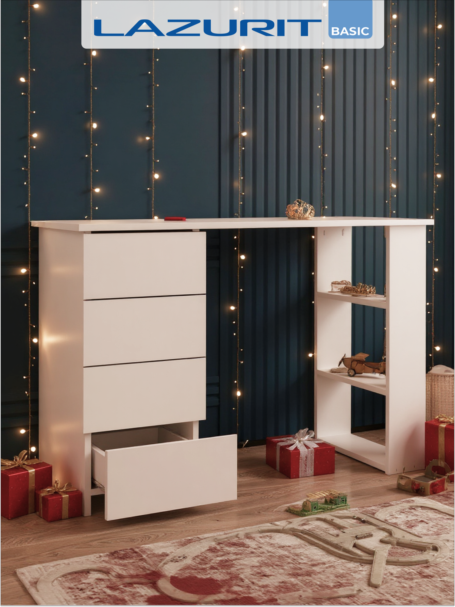 Стол письменный для школьника Lazurit Эльбрус компьютерный белый универсальный с ящиками и полками игровой 105,6х45х75см