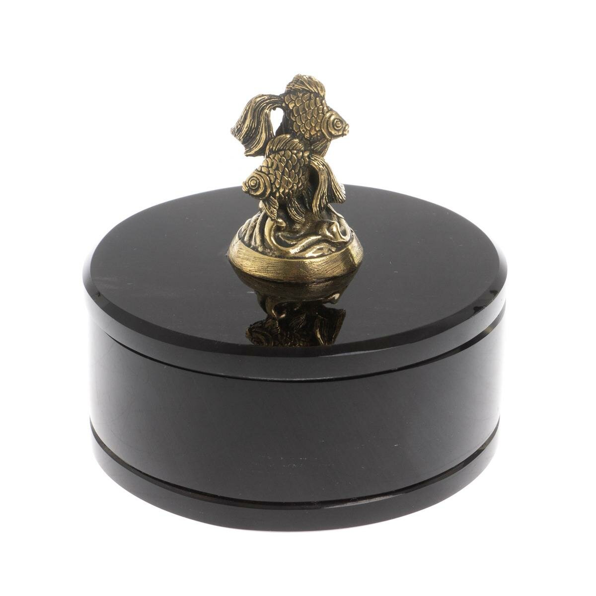 Шкатулка круглая "Две рыбки" из черного обсидиана 7,5х7,5х8 см 130050