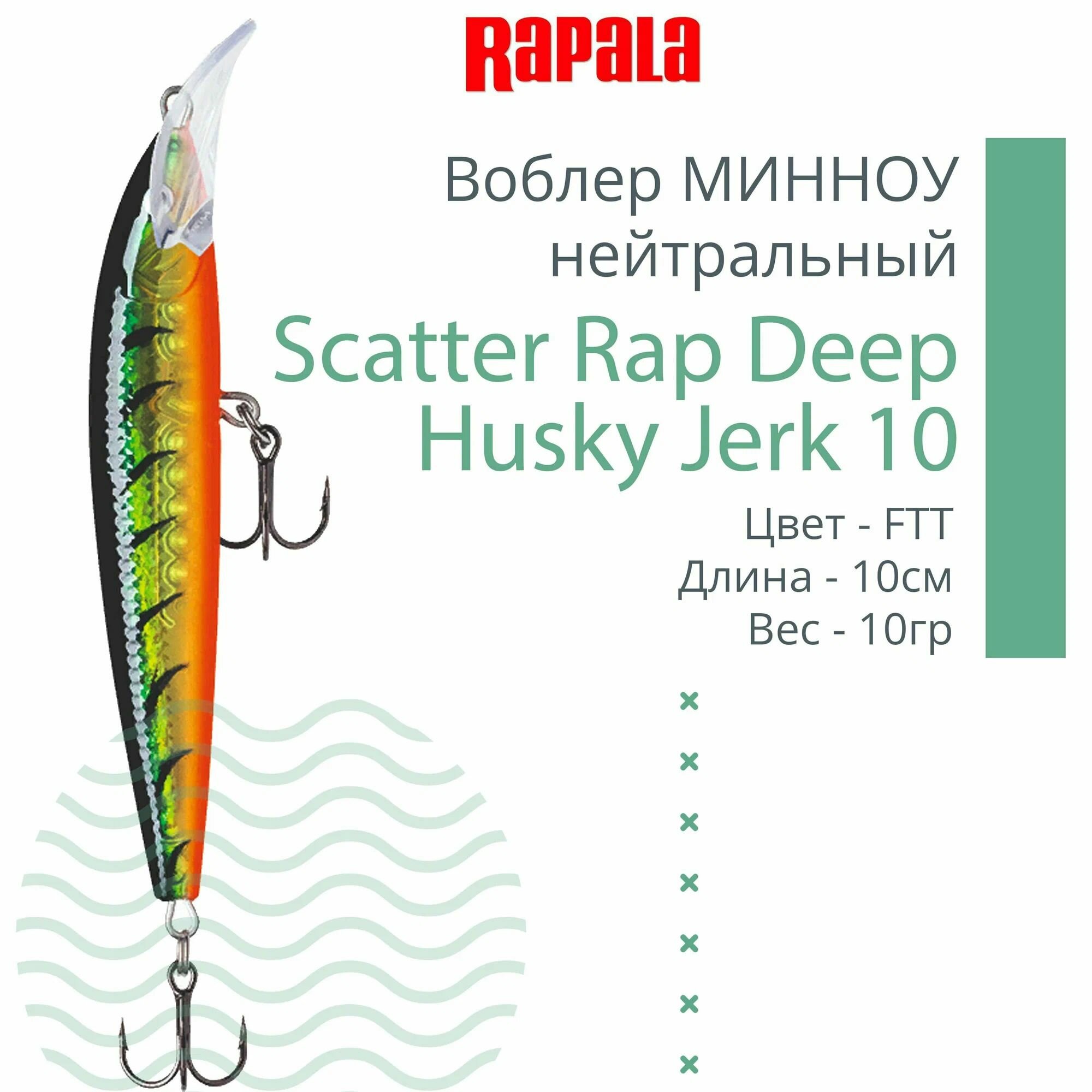 Воблер Rapala Scatter Rap Deep Husky Jerk, для рыбалки, длина 10 см, цвет FTT