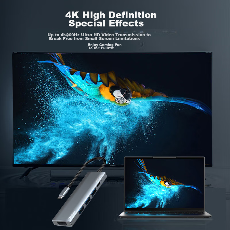 Lenovo Type-C Expansion Dock, USB Hub, HDMI Adapter, 4K 60Hz Screen Mirroring, PD Fast Charging, Compatible with Apple Phones, Tablets, Xiaoxin Laptops