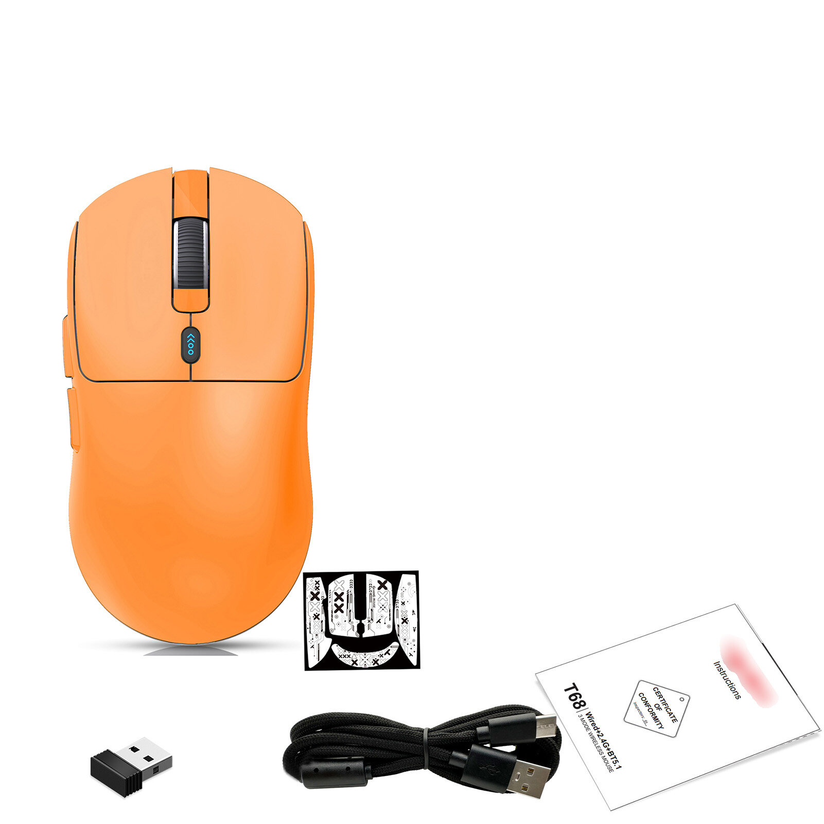 T68 Lightweight Mouse with 3 Modes Connectivity 2.4G/BT/Wired 6 Adjustable Speeds for Gaming Work Orange