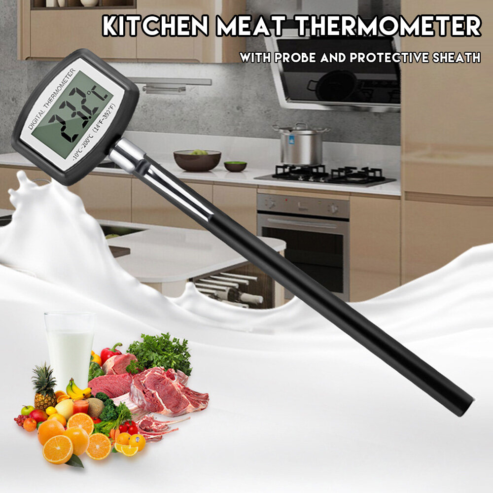 Мясной Термометр Быстрый Чтение Цифровой Термометр для Кулинарии с Зондом Защитной Обложкой для Кухни ББК Гриля Коптиляни, Черный, Размер с Обложкой 187*43мм, Диапазон Температур -10~200℃/-14~392℉, Длина Зонда 134мм, Материал ABS и Сталь, Включает 1