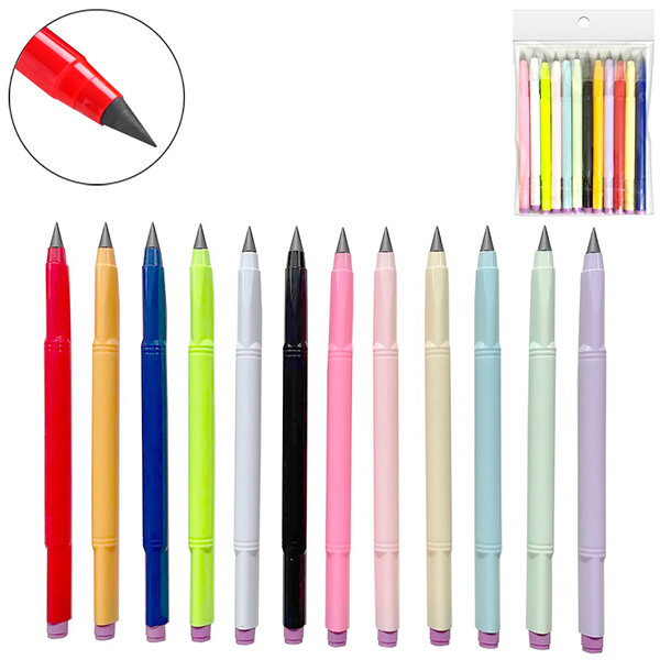 Карандаш вечный " KWELT " HB с ластиком, корпус- пластиковый, цвет корпуса- ассорти, количество: 12 штук