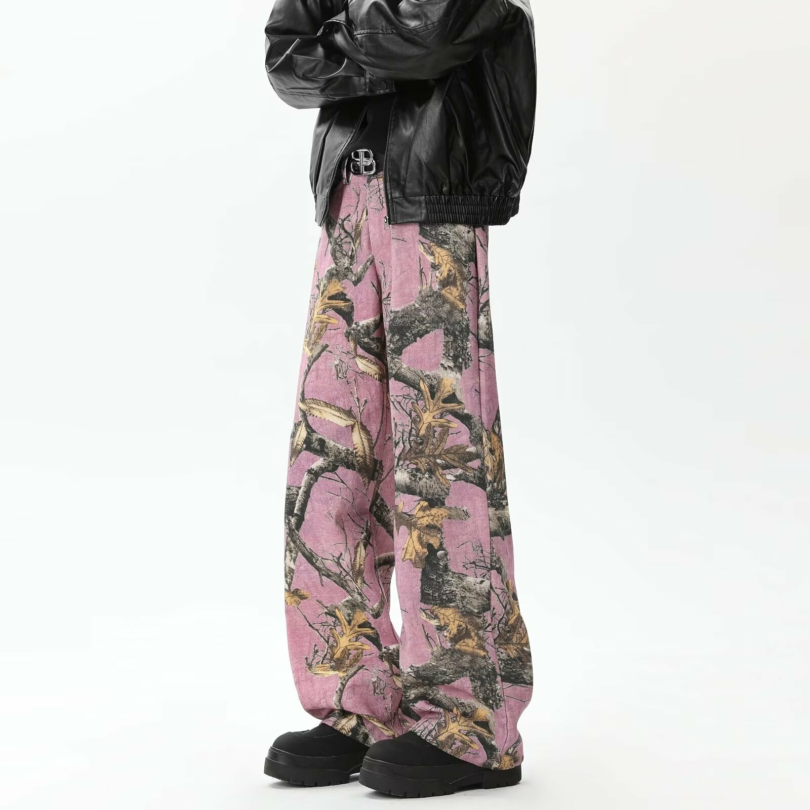 JYL Джинсы Унисекс Граффити Кленовые Листья Камуфляж Стильные Деним, Размер_XXL