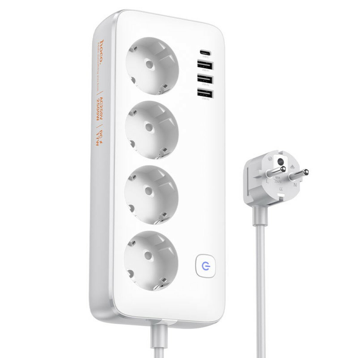 Сетевой фильтр Hoco AC21 4 гнезда + USB Type-C + 3 USB 18W 1,5м 2,5кВт белый