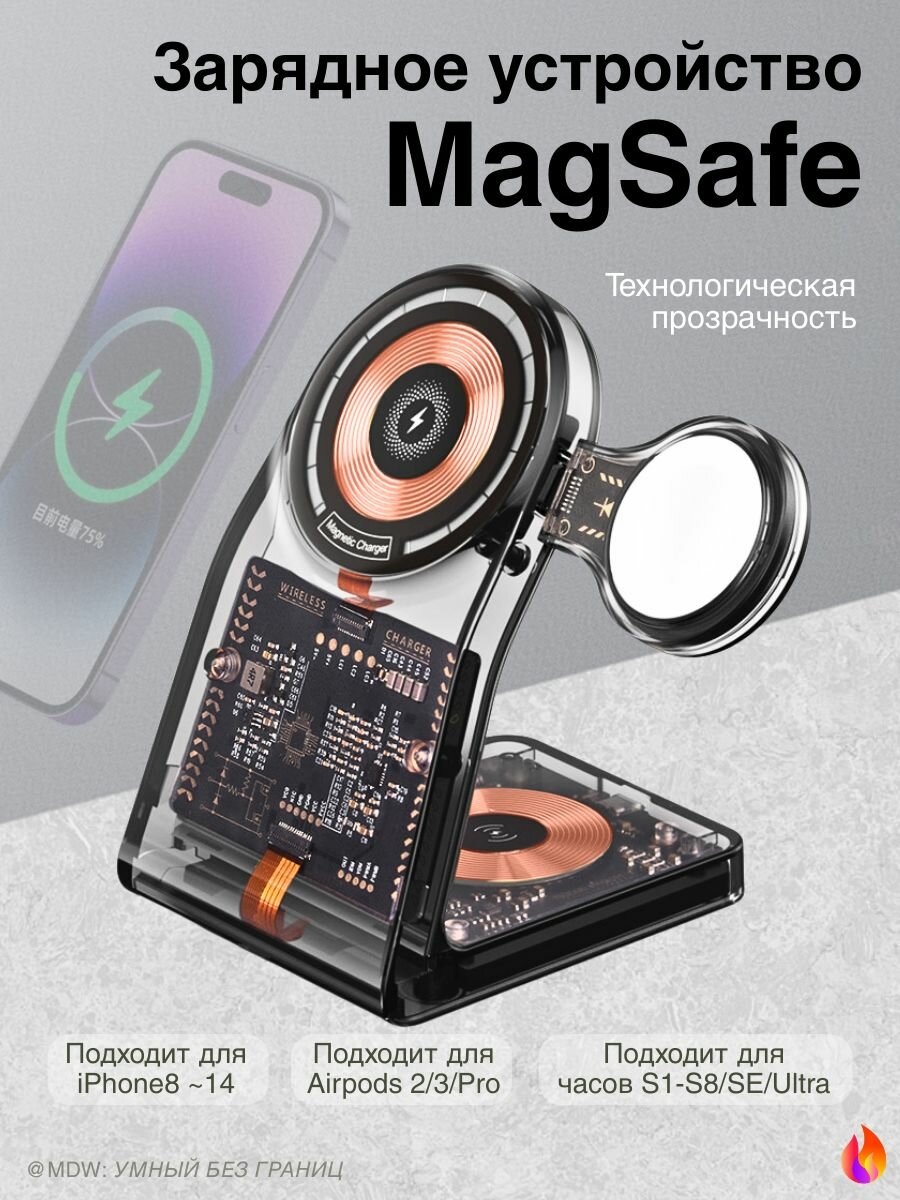 Зарядная станция MagSafe 3-в-1 из прозрачного акрила, 15W, для iPhone 8-14, Apple Watch и AirPods, для дома и офиса