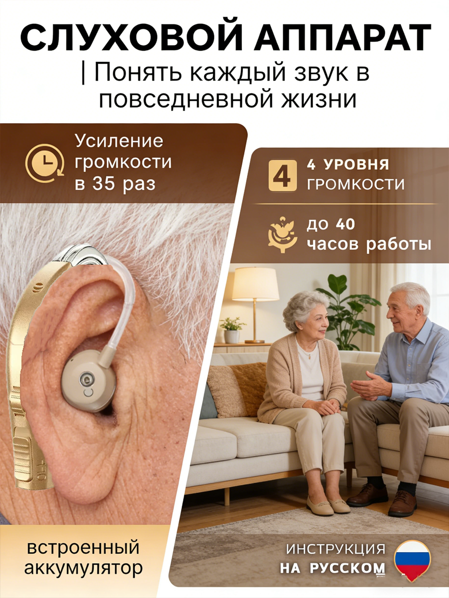 Усилитель слуха на аккумуляторе, заушный цифровой слуховой аппарат для пожилых