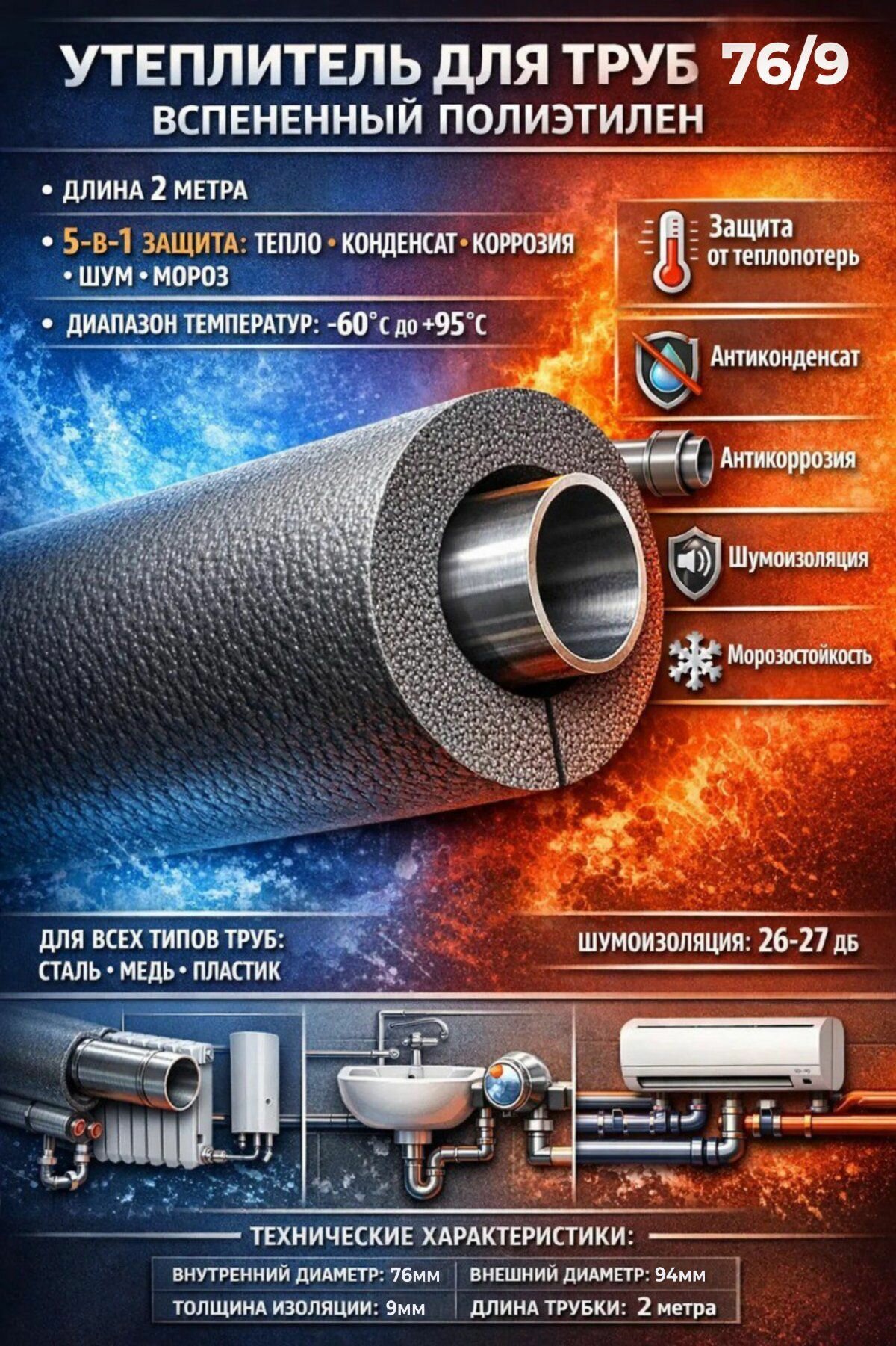 Утеплитель для труб 76/9 - 2 метра (1шт) / вспененный полиэтилен / теплоизоляция / звукоизоляция