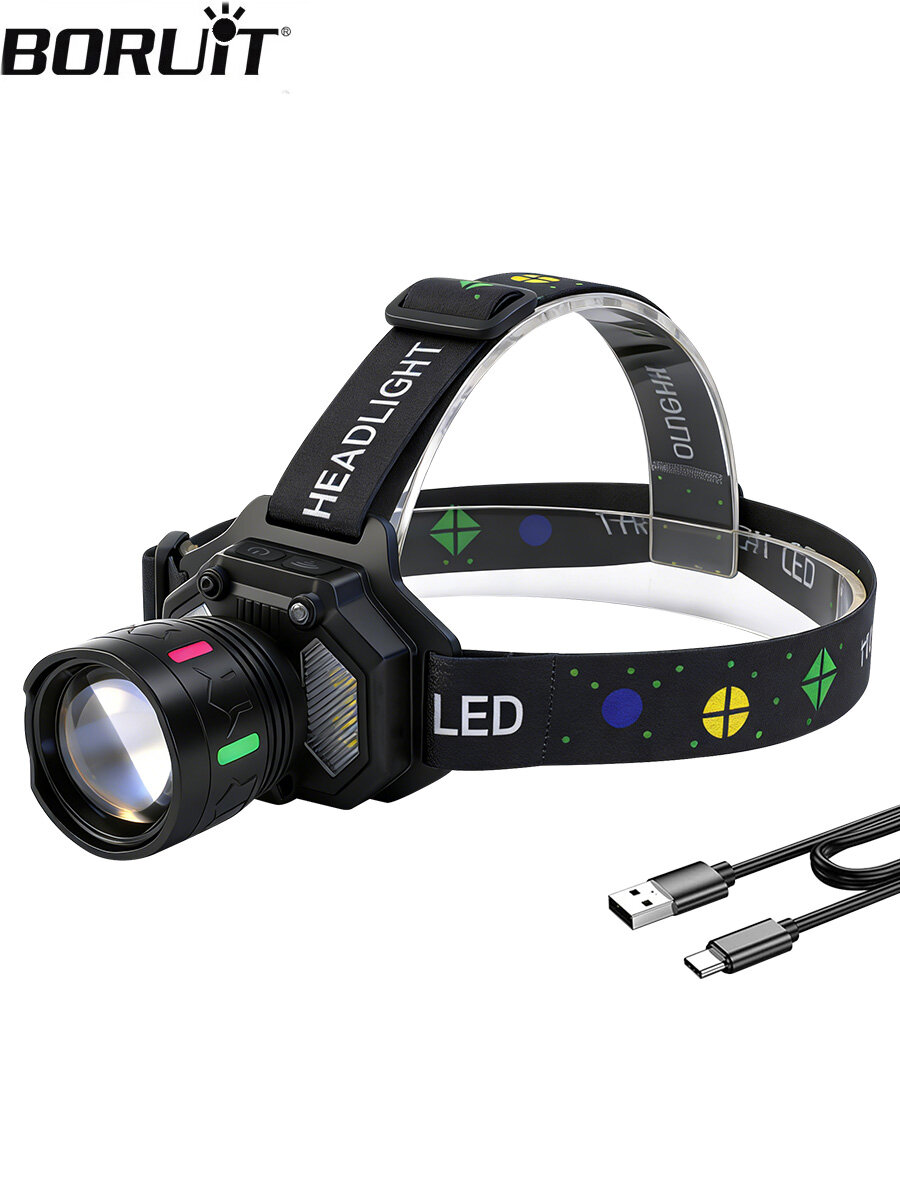 Налобный фонарь BORUiT Индукционная функция + белый свет + желтый свет