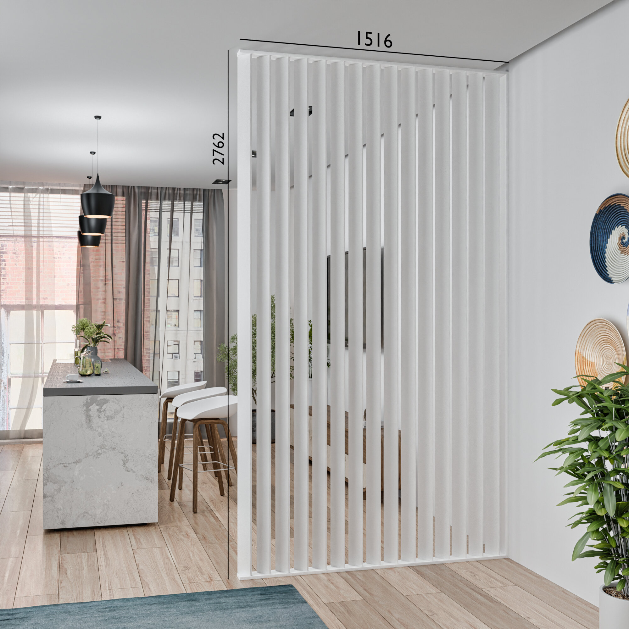 Перегородка из реек для зонирования пространства, 152 см, ЛДСП, белый