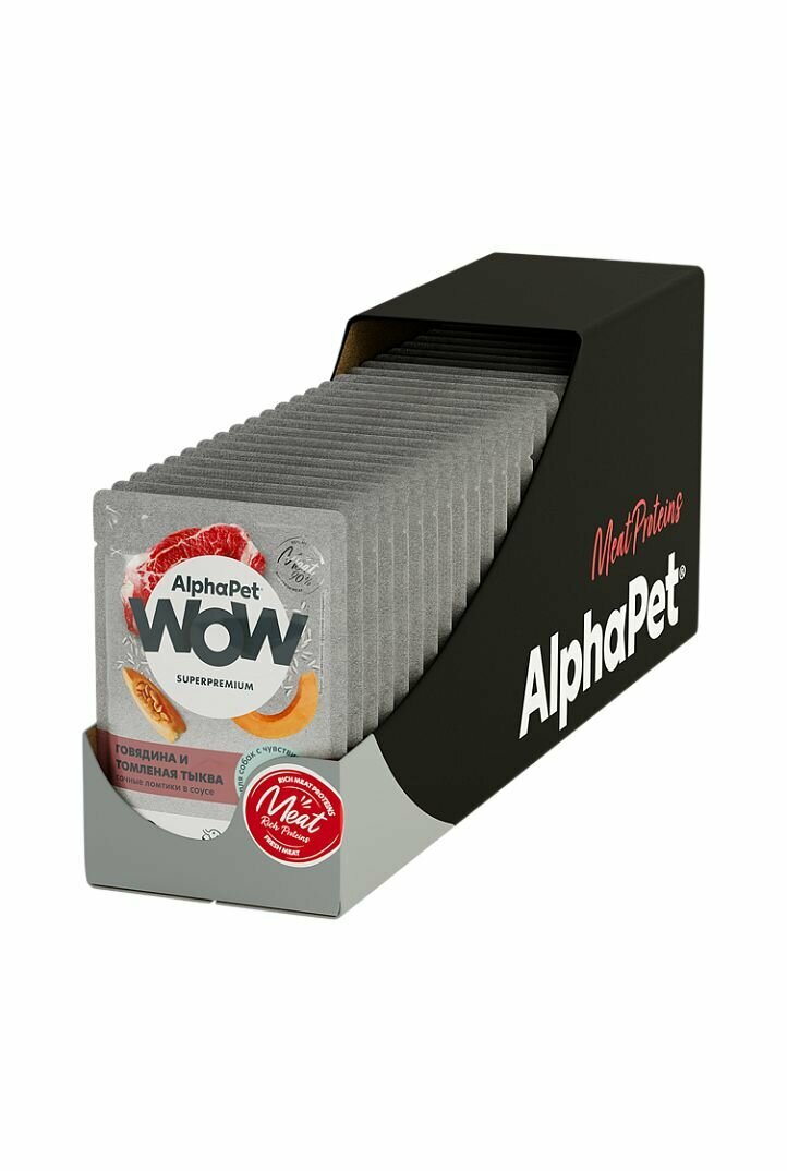 AlphaPet WOW Superpremium Влажный корм для собак с чувствительным пищеварением, говядина, томленая тыква, пауч - 85 г, 28 шт
