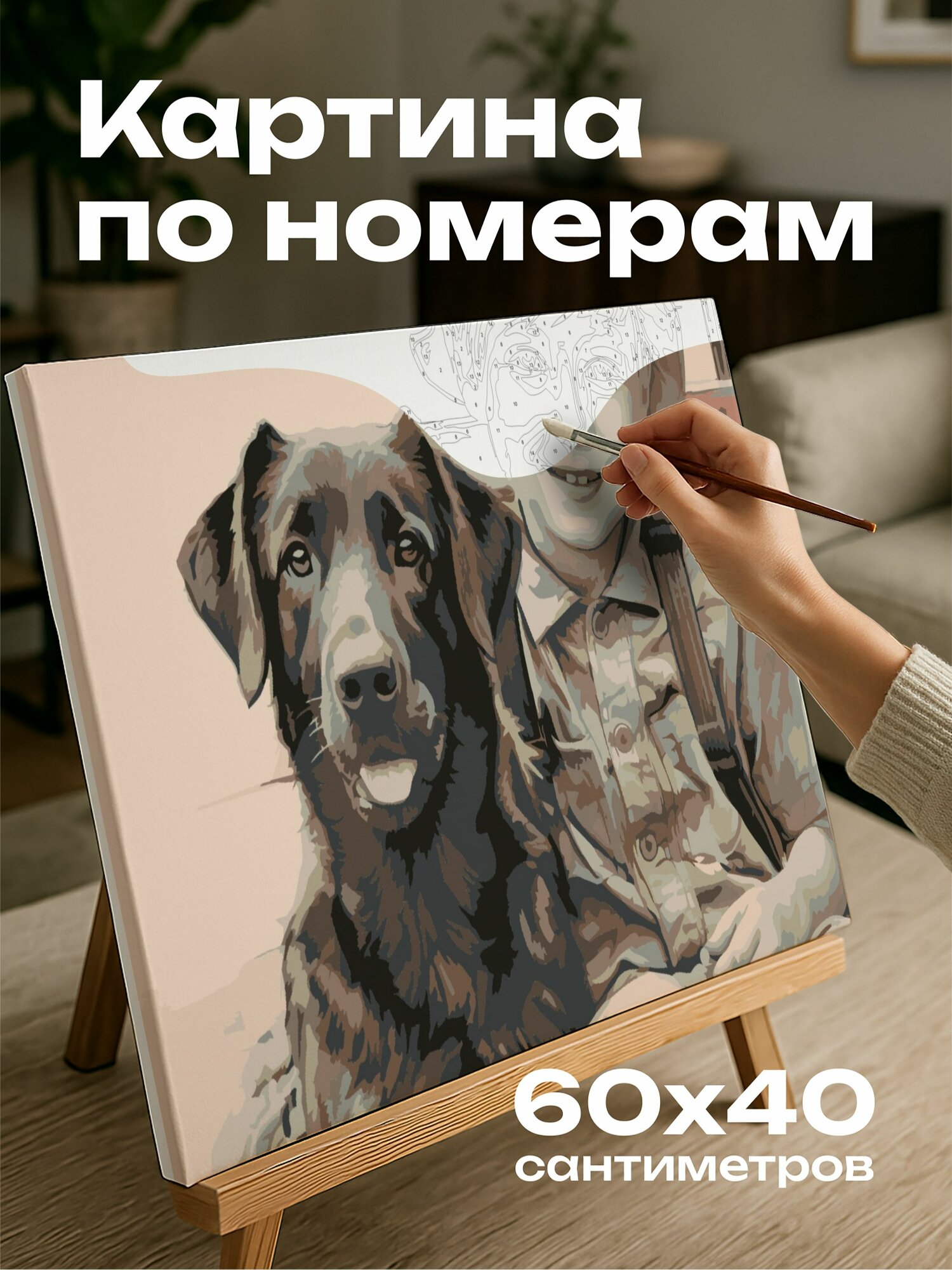 Картина по номерам 60x40 см, мальчик, собака, деревенское крыльцо, графитовый рисунок, дружба, одежда мальчика