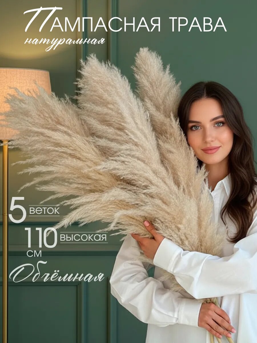 Сухоцветы для декора Sunflowers, Пампасная трава натуральная высокая, 5 веток 110 см