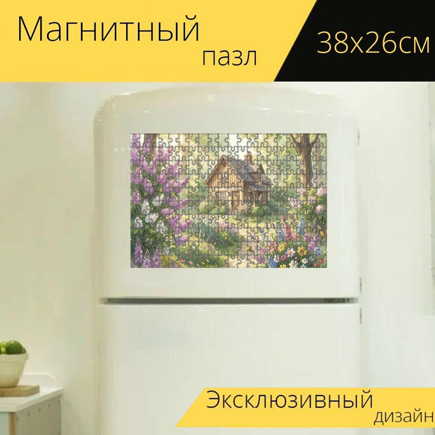 Магнитный пазл "Дом в цветущем саду. Уютный деревенский коттедж среди пышной зелени и благоухающих клумб, тропинка ведет к крыльцу. Акварельная иллюстрация." для интерьера, 38х26 см.