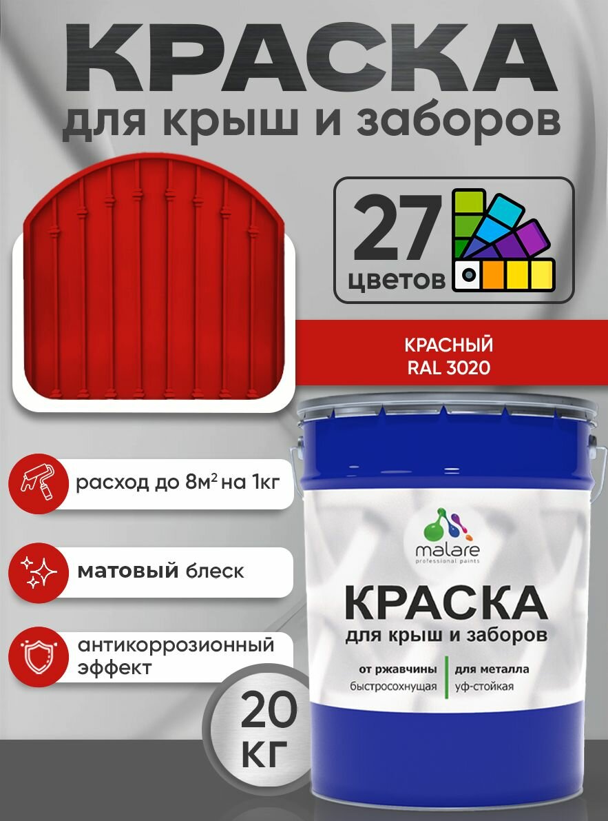 Краска по металлу Malare для крыш и заборов по ржавчине, для наружных работ, быстросохнущая износостойкая RAL 3020 красный, матовая, 20 кг