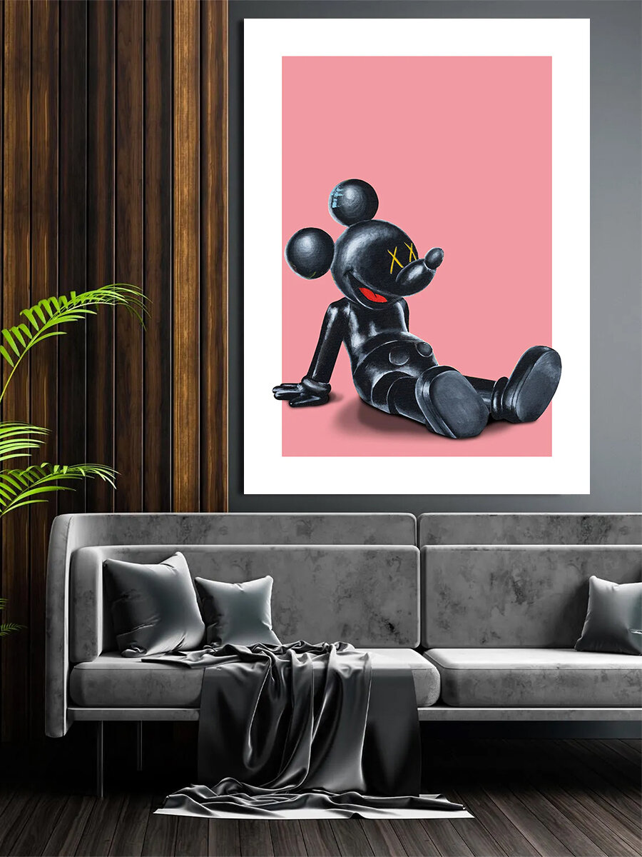 Картина KAWS Mickey Mouse сидит на розовом, поп-арт постер, 30х40 см.