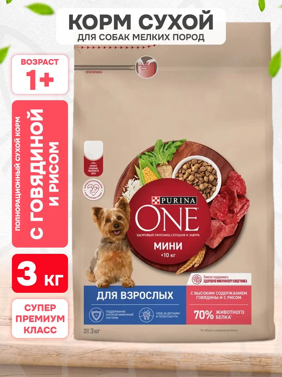 Корм сухой Purina One Adult для взрослых собак мелких и карликовых пород, говядина и рис, 3 кг