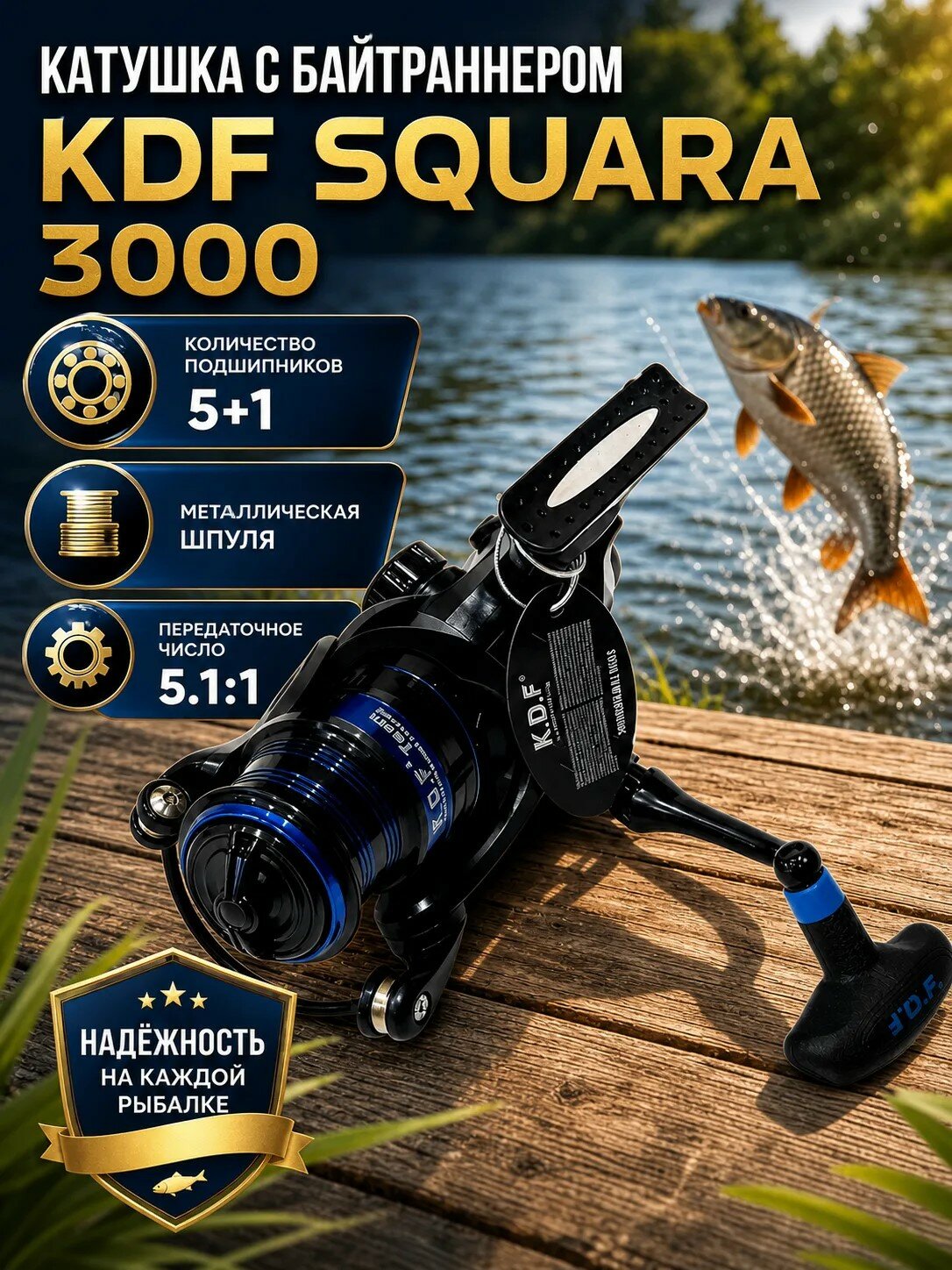 Катушка для карповой ловли и фидера с байтраннером Squara 3000А,5+1 подшипник, фрикцион 7 кг, 2 шпули (металл+пластик)