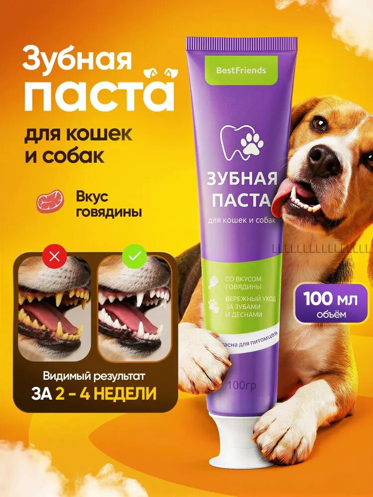 Зубная паста для собак и кошек от зубного камня со вкусом говядины для мелких, средних и крупных пород собак. 100 грамм