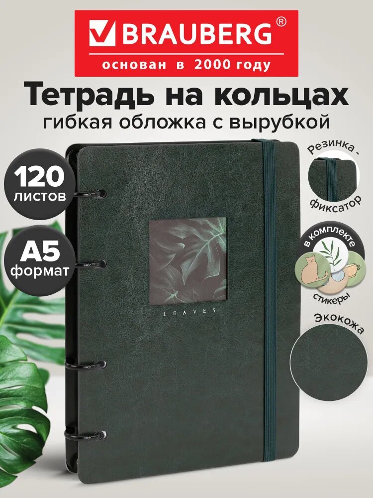 Тетрадь на кольцах А5 в клетку со сменным блоком 180х220 мм 120 листов, обложка под кожу, вырубка, резинка, Brauberg