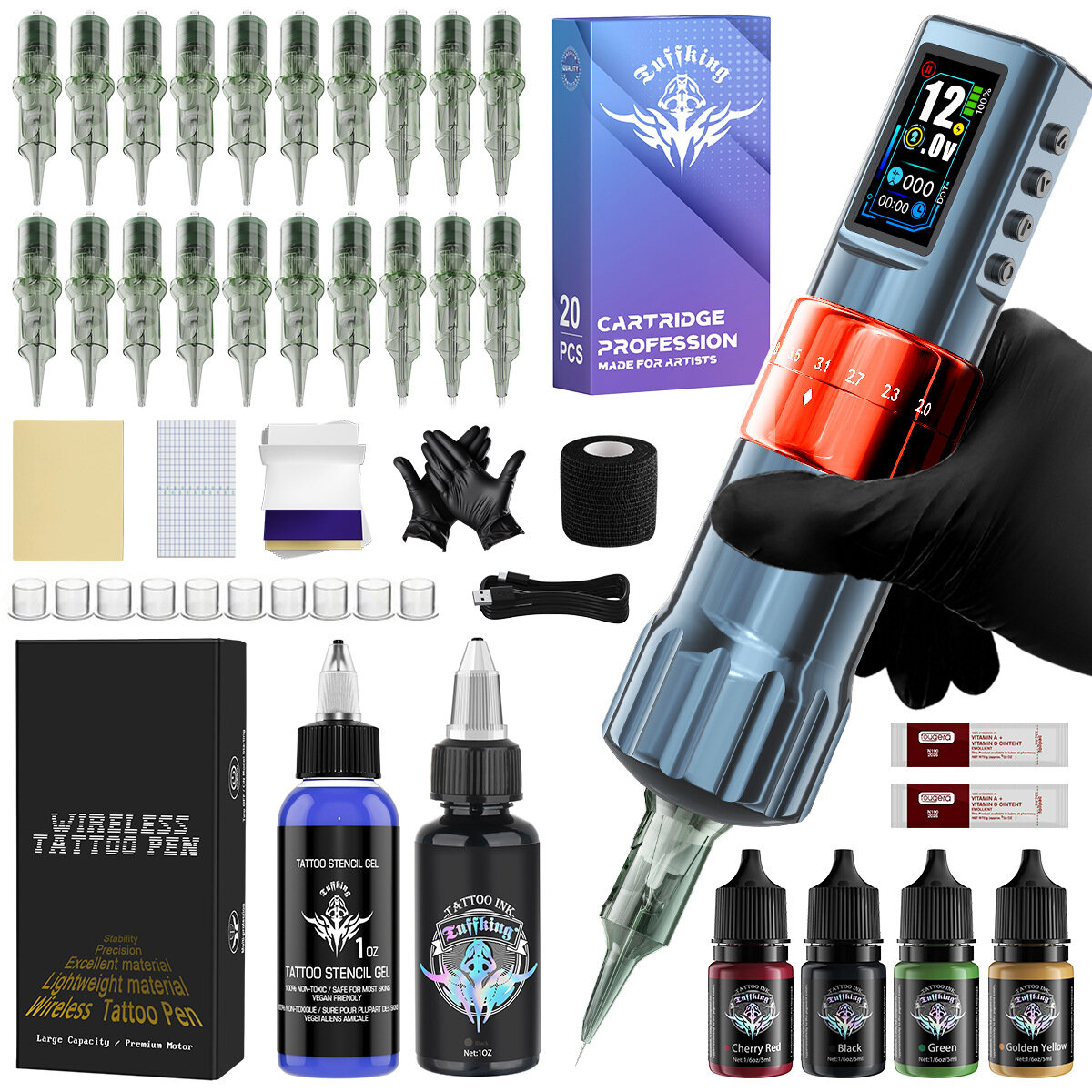 Тату-машинка Tuffking с регулируемым ходом, мотор, беспроводная ручка на батарейках, полный набор инструментов