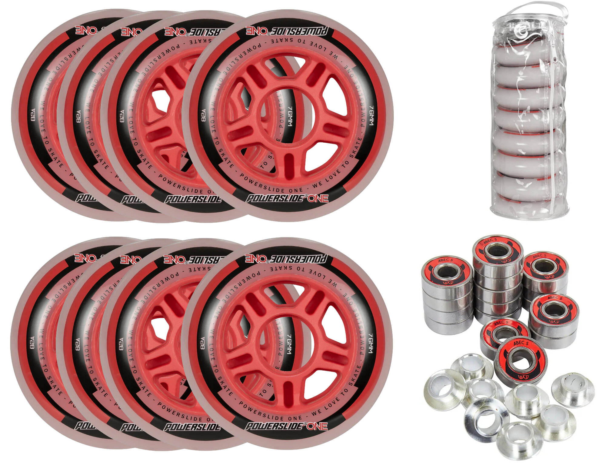 Набор колес, 8шт: Powerslide ONE 76мм/82А + ABEC5 + Alu Spacer 8mm