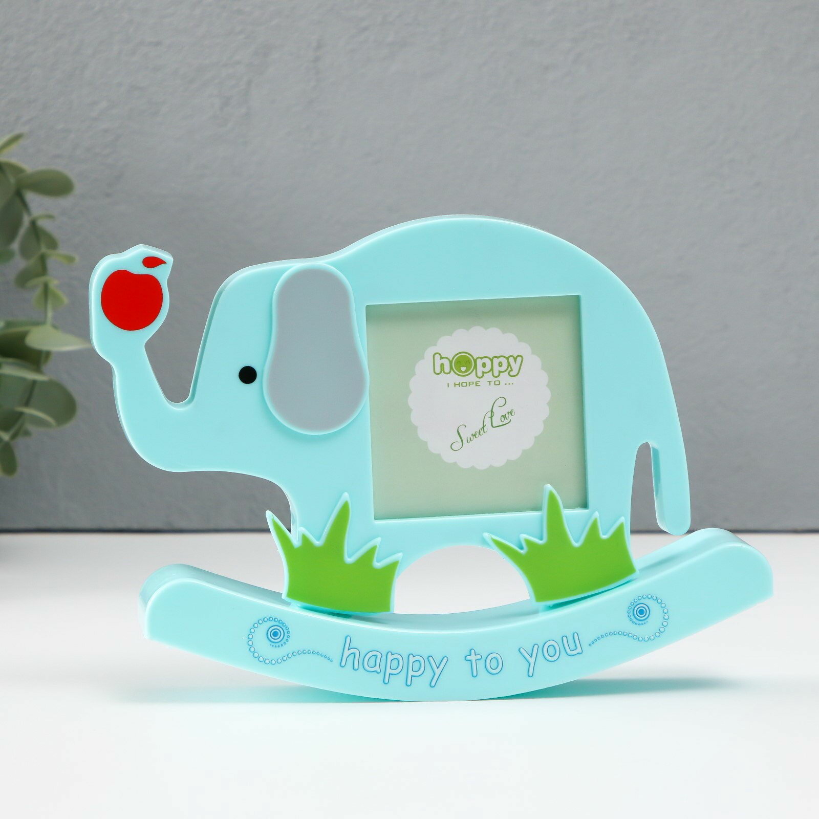 Фоторамка для фото 6x6 см "Слоник с яблочком", пластик, голубой, 18x3.9x16.3 см