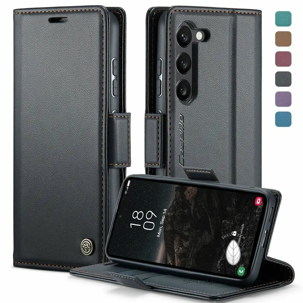 CaseMe Кожаный чехол для Samsung Galaxy S25+, S25 Plus (Самсунг Галакси С25 Плюс) RFID-блокировка, магнитная застежка, держатель для карт, подставка, противоударная, новинка