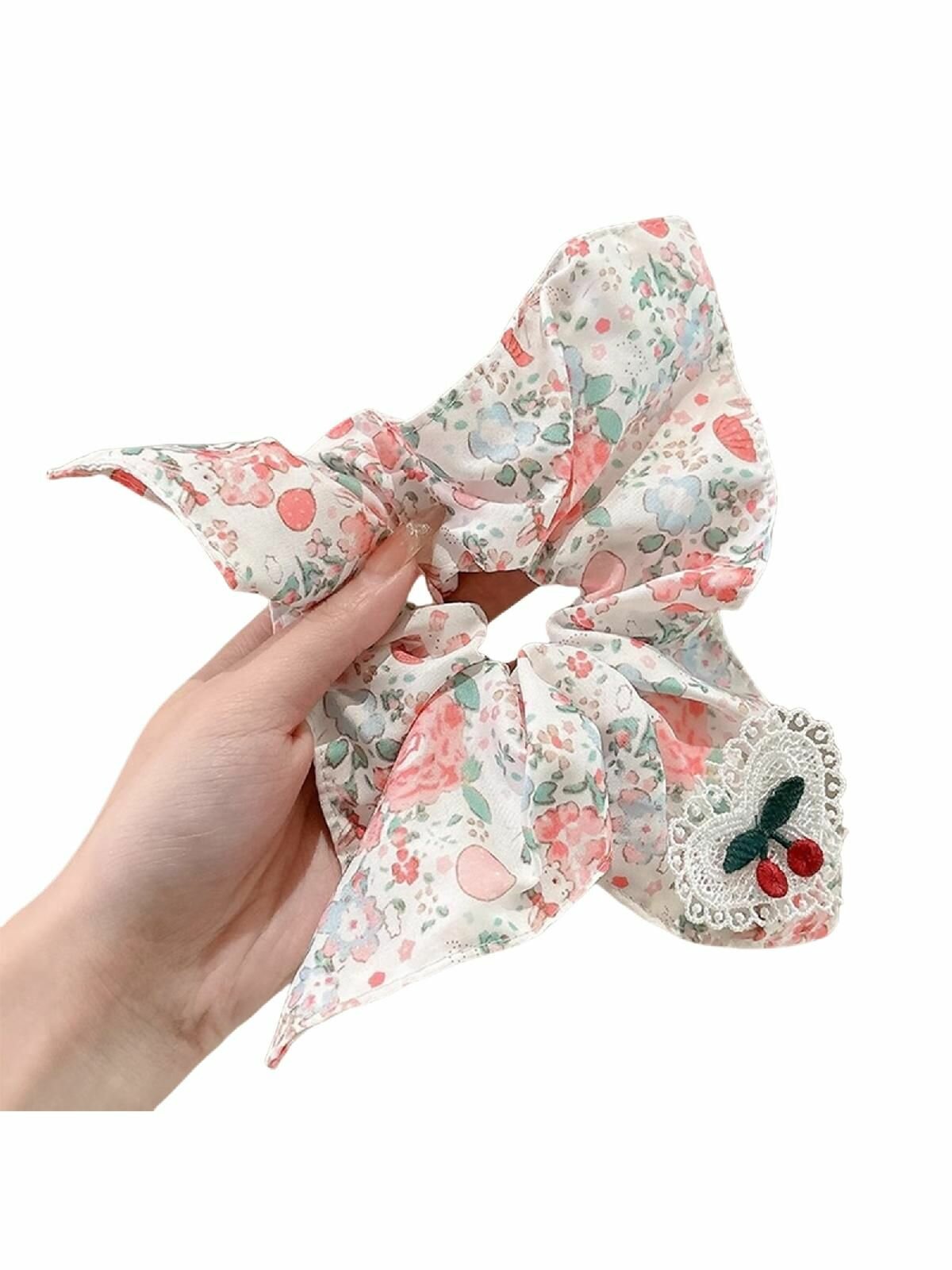 Корейская резинка для волос с бантами для низких хвостов, - Розовый цветочный квадрат