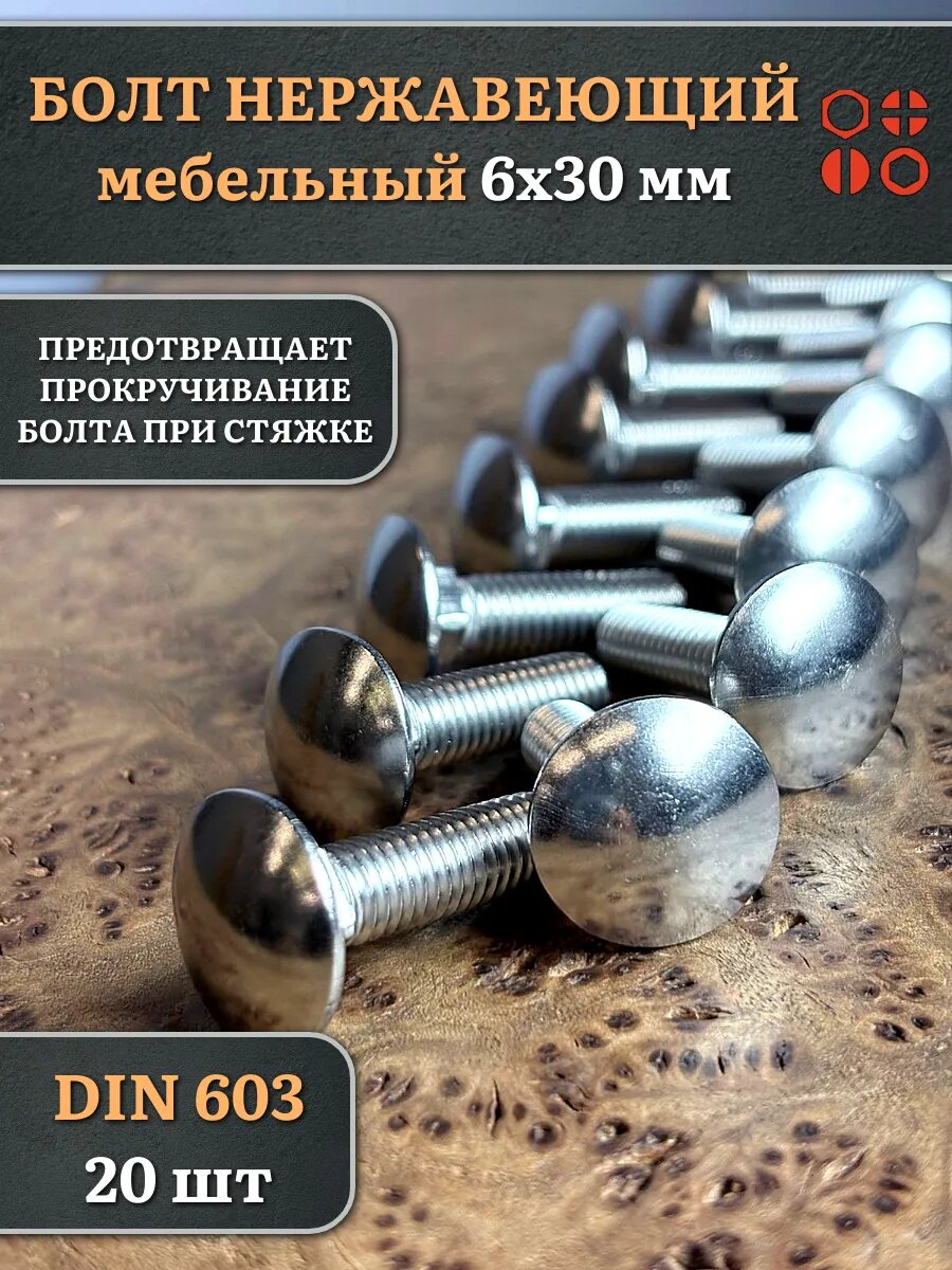 Болт нержавеющий мебельный 6х30 DIN 603 20 шт.