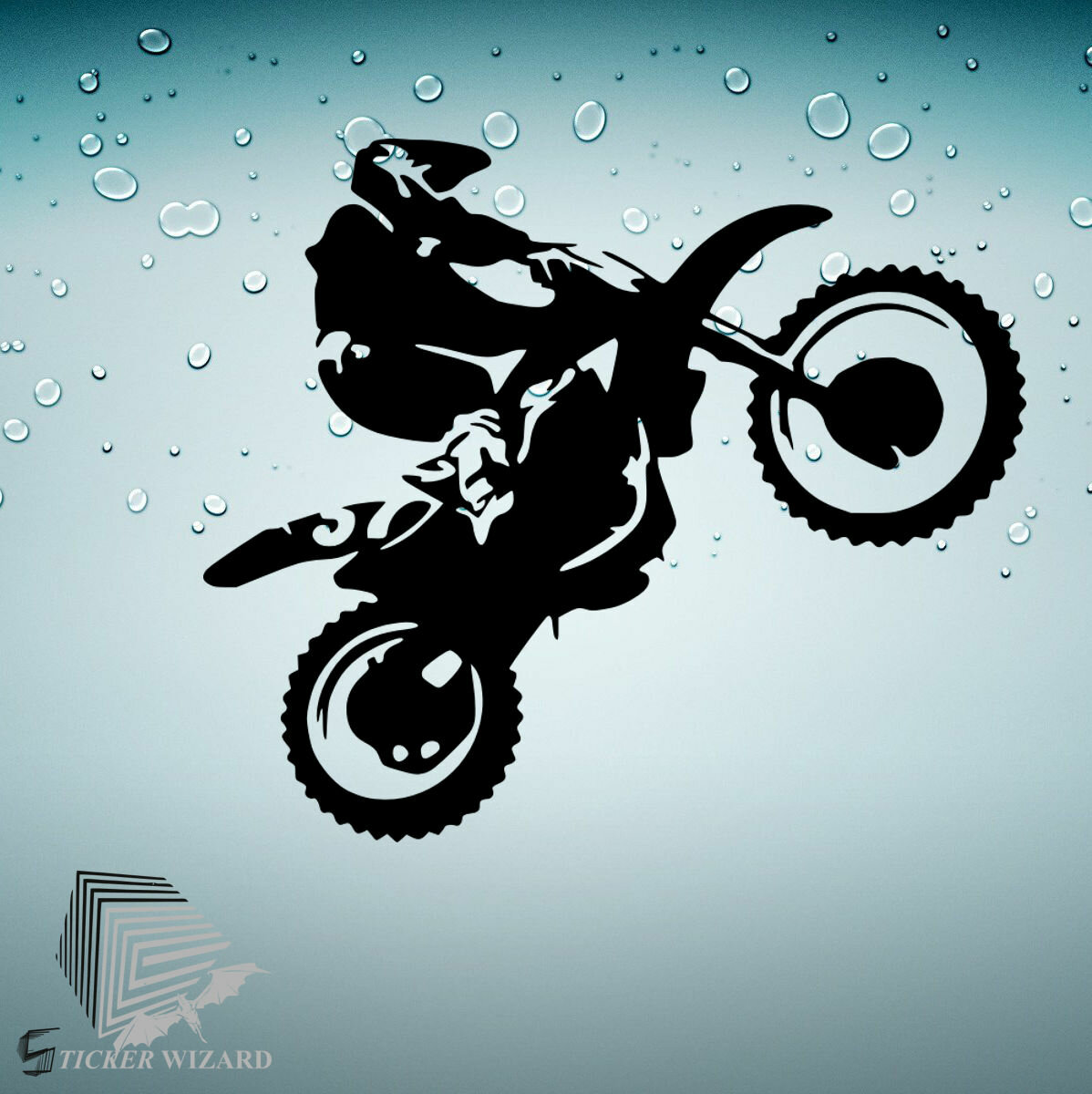 Наклейка виниловая на прозрачной основе (черная) "мотоциклист спортивный кроссовый мотоцикл"