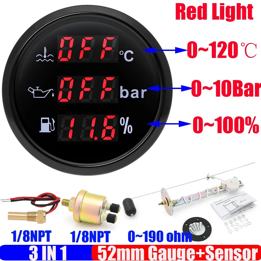 3 в 1 цифровой датчик 52 мм с датчиком красного света, температура воды + давление масла + датчик уровня топлива 0-190 Ом для автомобиля, морской яхты на заказ, 1-8NPT