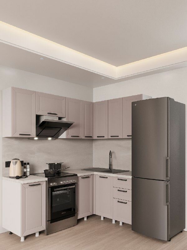 Кухонный гарнитур угловой Сектор МДФ 1,4х2,0м кашемир без столешницы с модулем под духовой шкаф