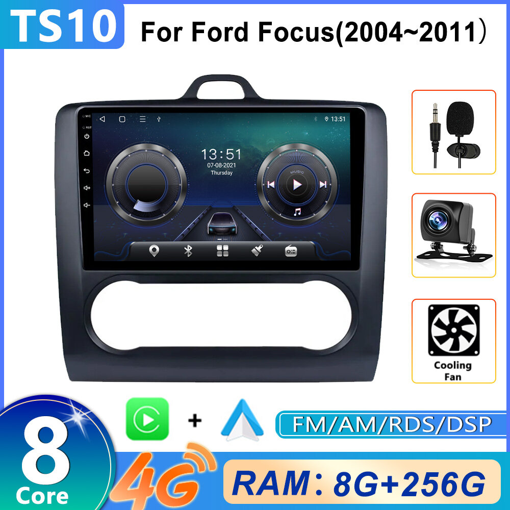 Автомагнитола для Черный For Ford Focus 2 2004-2011 Автомагнитола Android TS10 8+256 4G Bluetooth, WiFi, IPS экран, AM/FM, Сенсорные кнопки/Carplay/Android auto