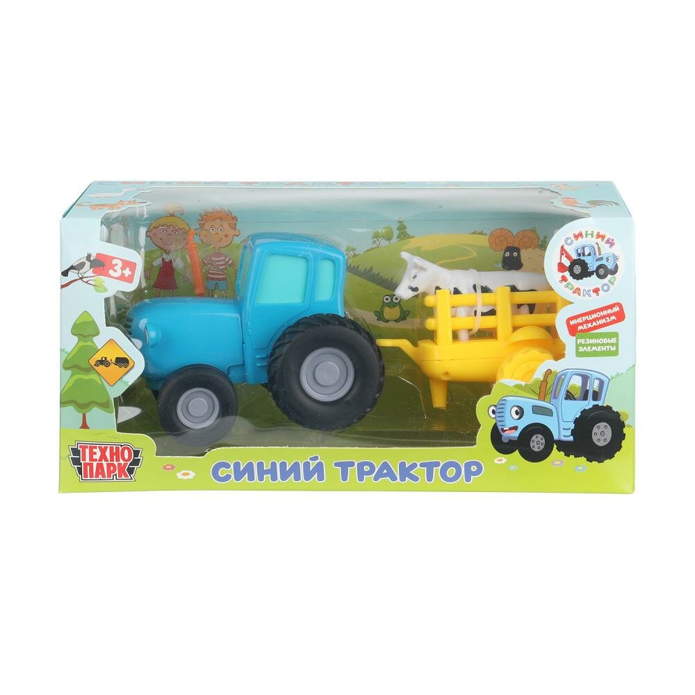 Машина металлическая "Синий Трактор с телегой и коровой", 11 см. инерция, синий Технопарк BLUTRA-11-CARTCOW-BU