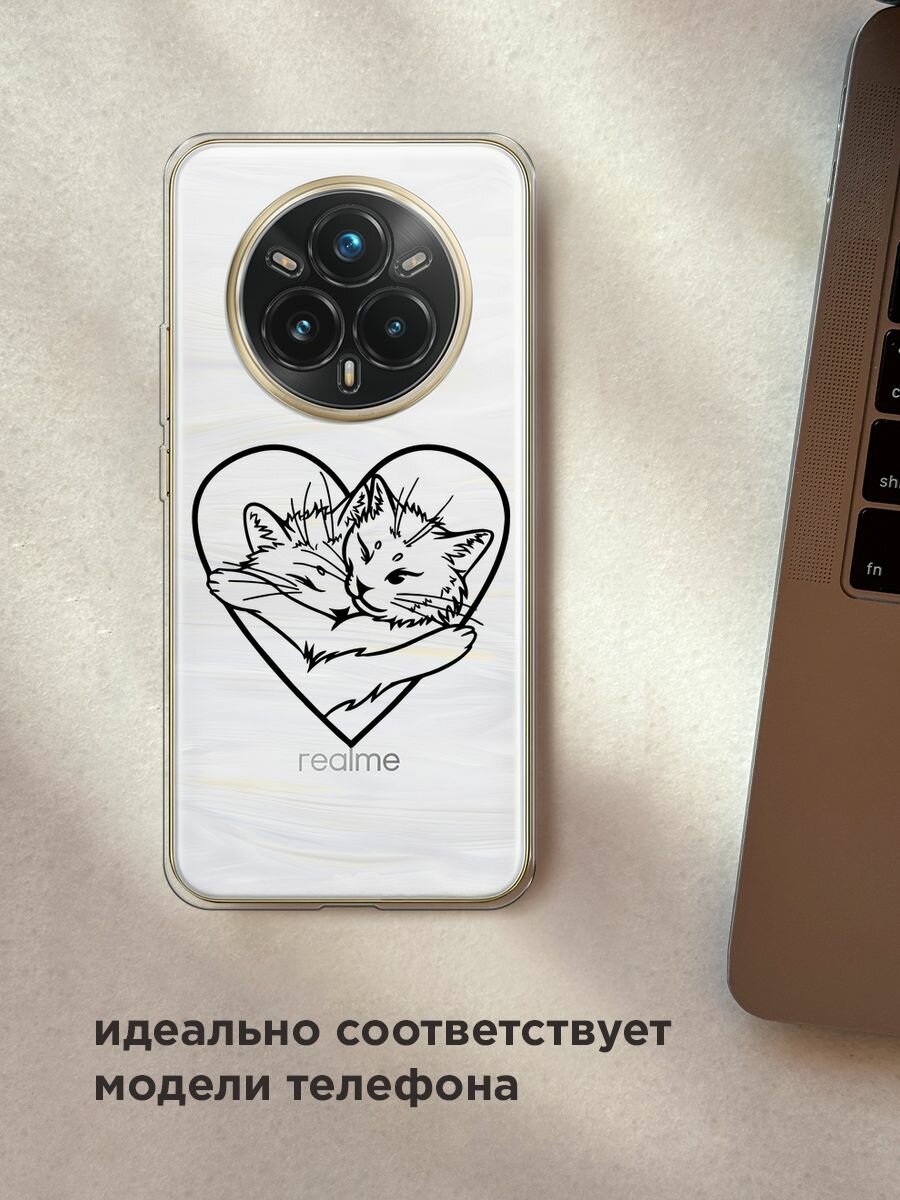 Чехол на Realme 14 Pro+ / Реалми 14 Про+ с принтом "Влюблённые котики рисунок 3 - 14 февраля", прозрачный — фото 1