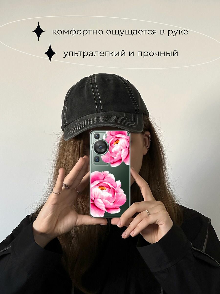 Чехол на Huawei P60/P60 Pro / Хуавей P60/P60 Про с принтом "Open peonies", прозрачный — фото 1