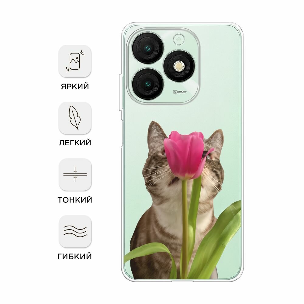 Чехол на Itel A50 / Ител А50 с принтом "Кот с тюльпаном - 8 марта", прозрачный — фото 1