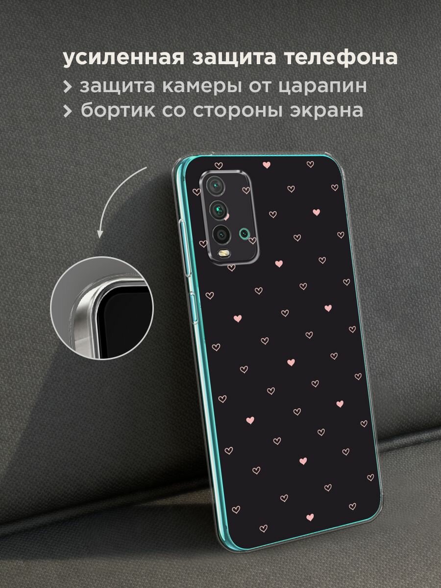 Чехол на Xiaomi Redmi 9T / Сяоми Редми 9Т с принтом "Черный фон и сердечки" — фото 1