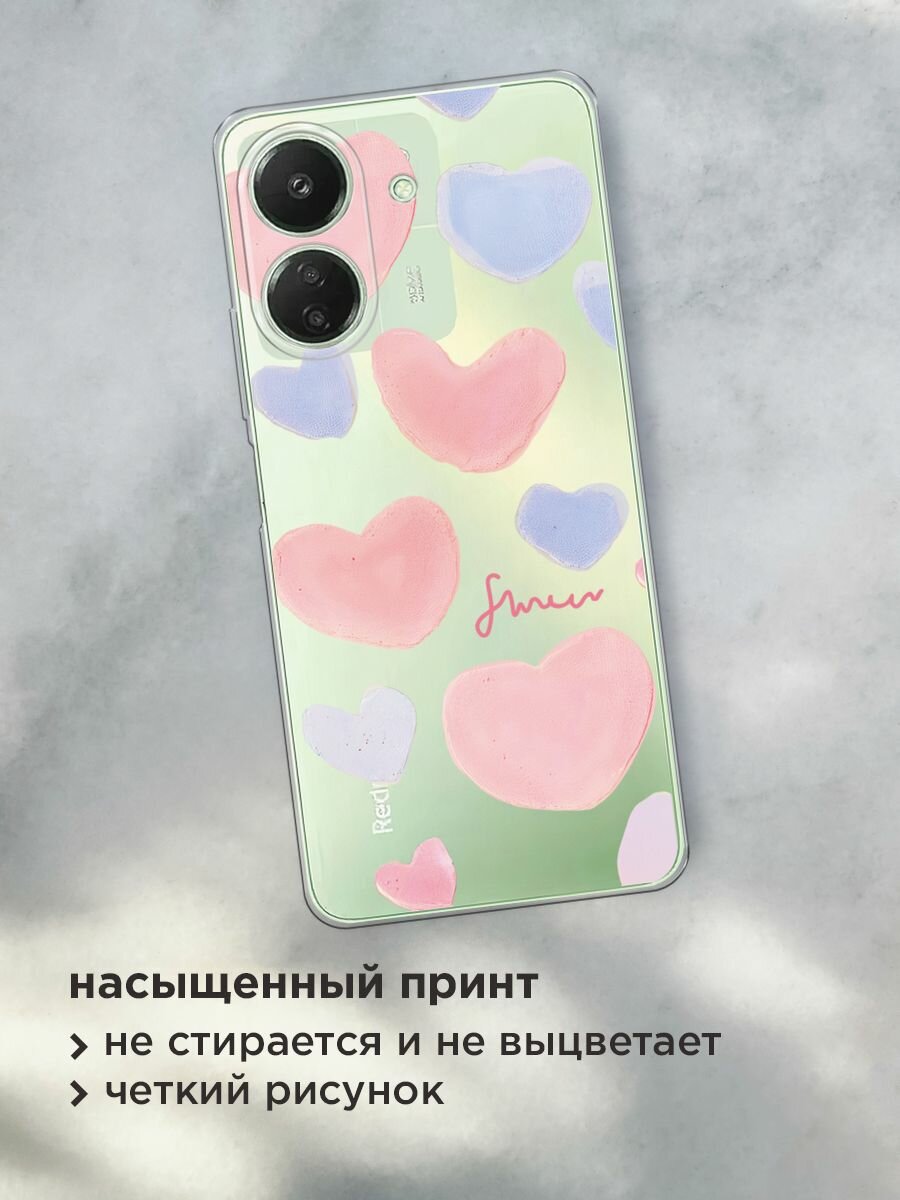 Чехол на Xiaomi Redmi 13C/Poco C65 / Сяоми Редми 13C/Поко С65 с принтом "Пастельные сердечки", прозрачный — фото 1