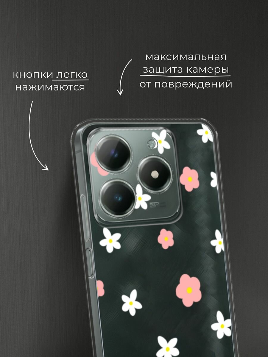 Чехол на Realme C61 4G (Global) / Реалми C61 4G с принтом "Розовые и белые цветы", прозрачный — фото 1